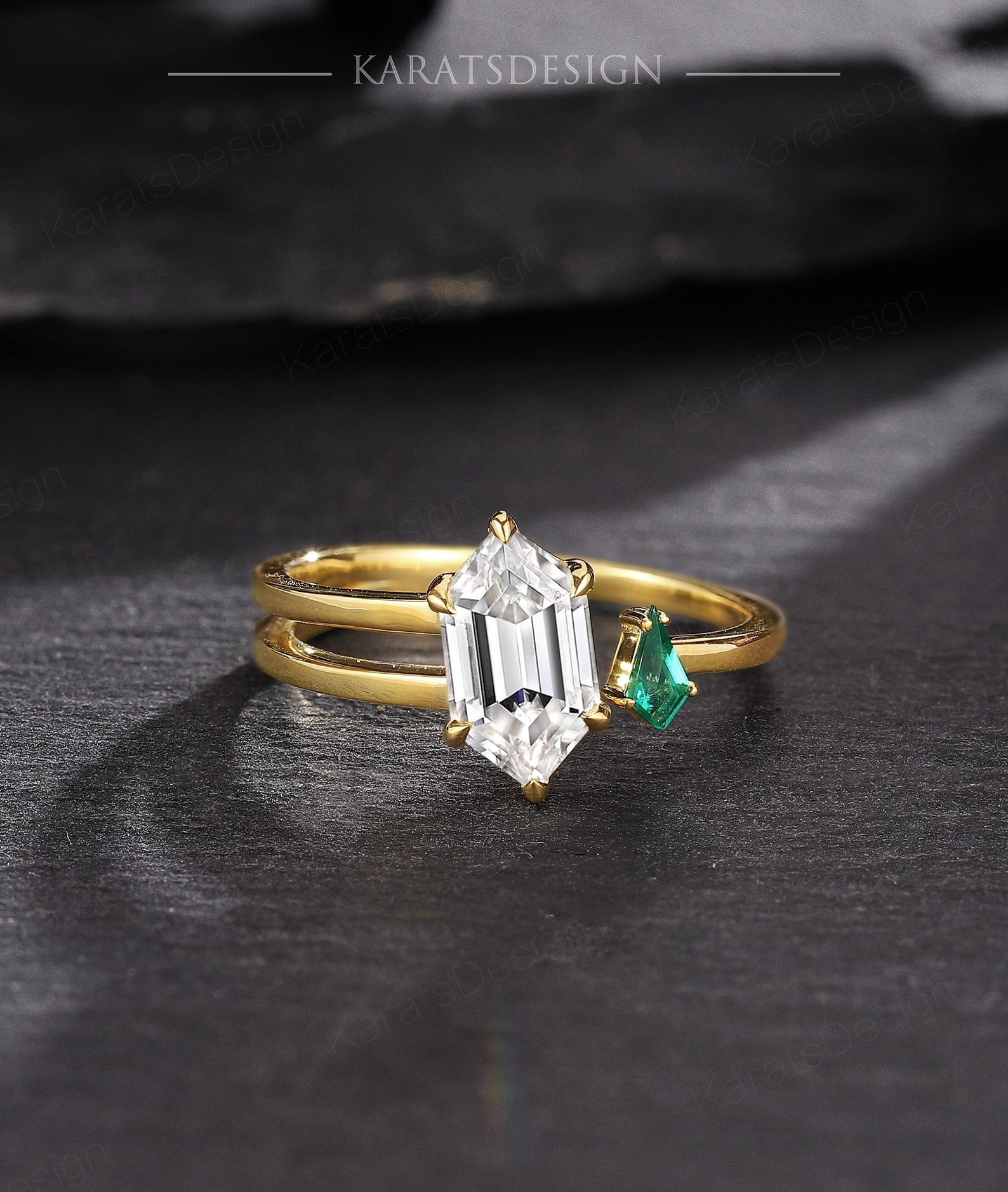 Unique Long Hexagon Cut Moissanite and Kite Emerald Wedding Band Open ...