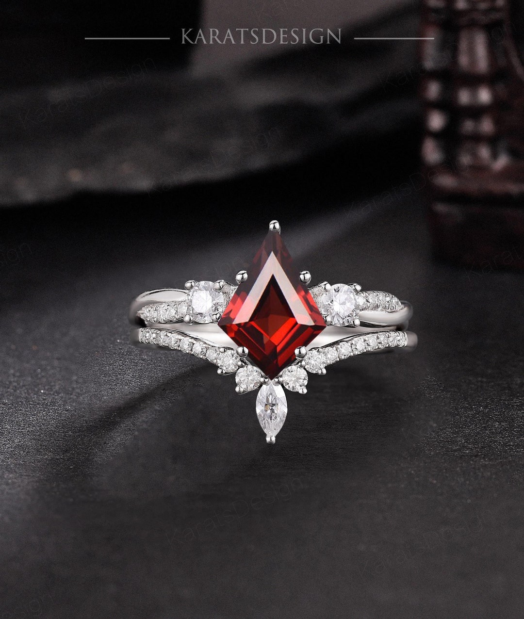 2PCS Kite Cut Ruby Engagement Ring Platinum Moissanite Cluster Twist ...