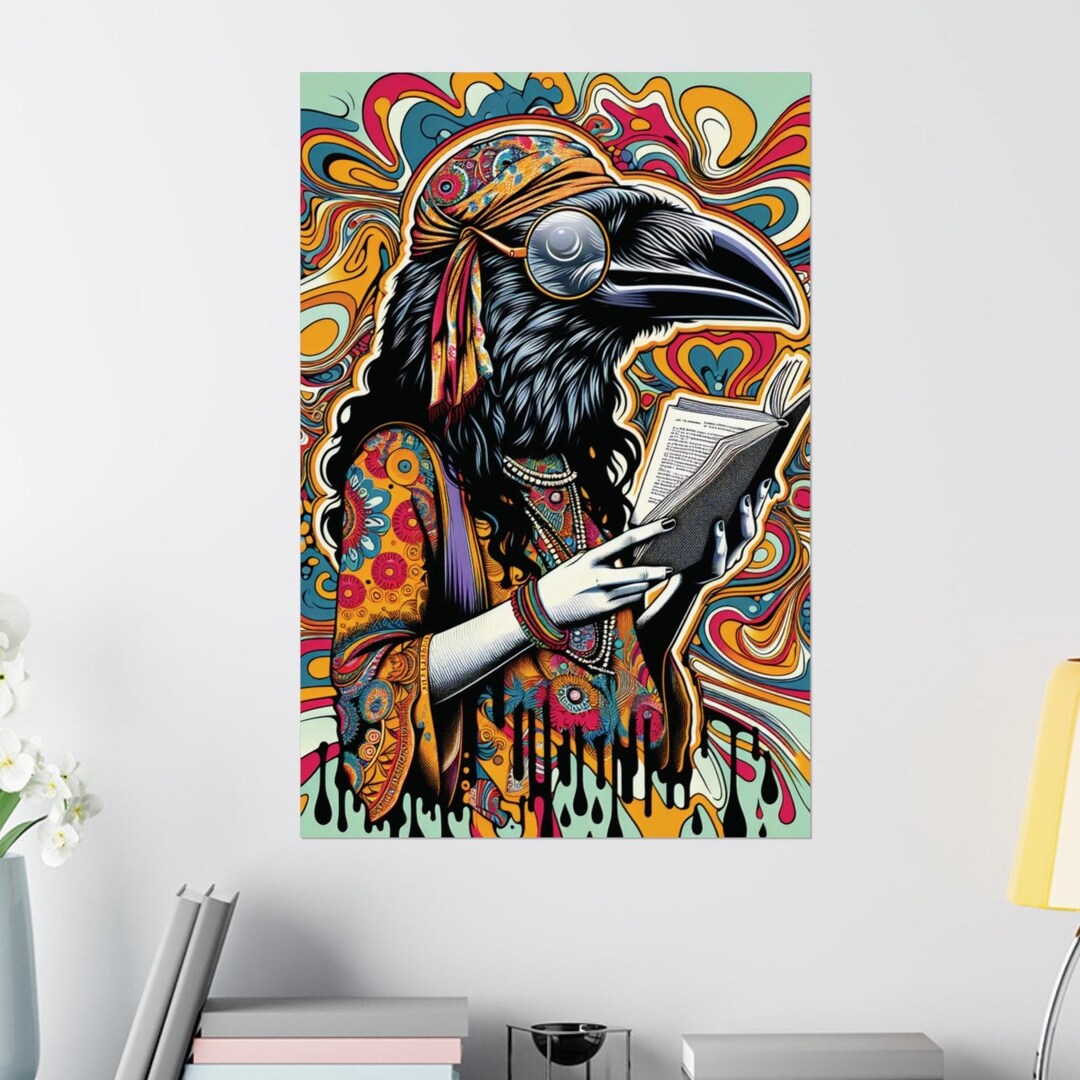 Hippie Crow Girl Reading a Book Poster/ Psychedelic Art/ Unusual Gift ...
