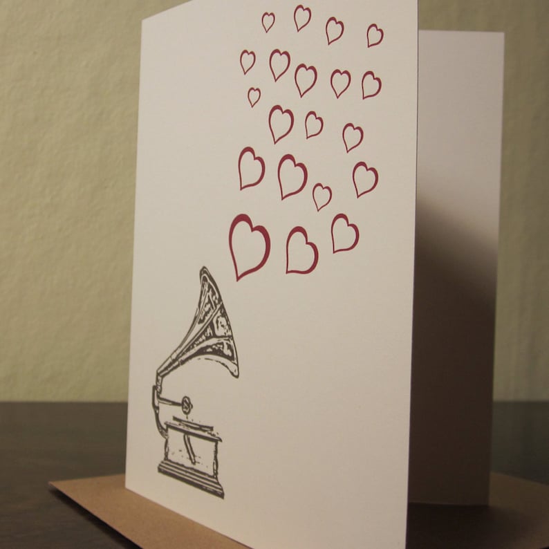Record Player and Hearts - Letterpress Card - Etsy