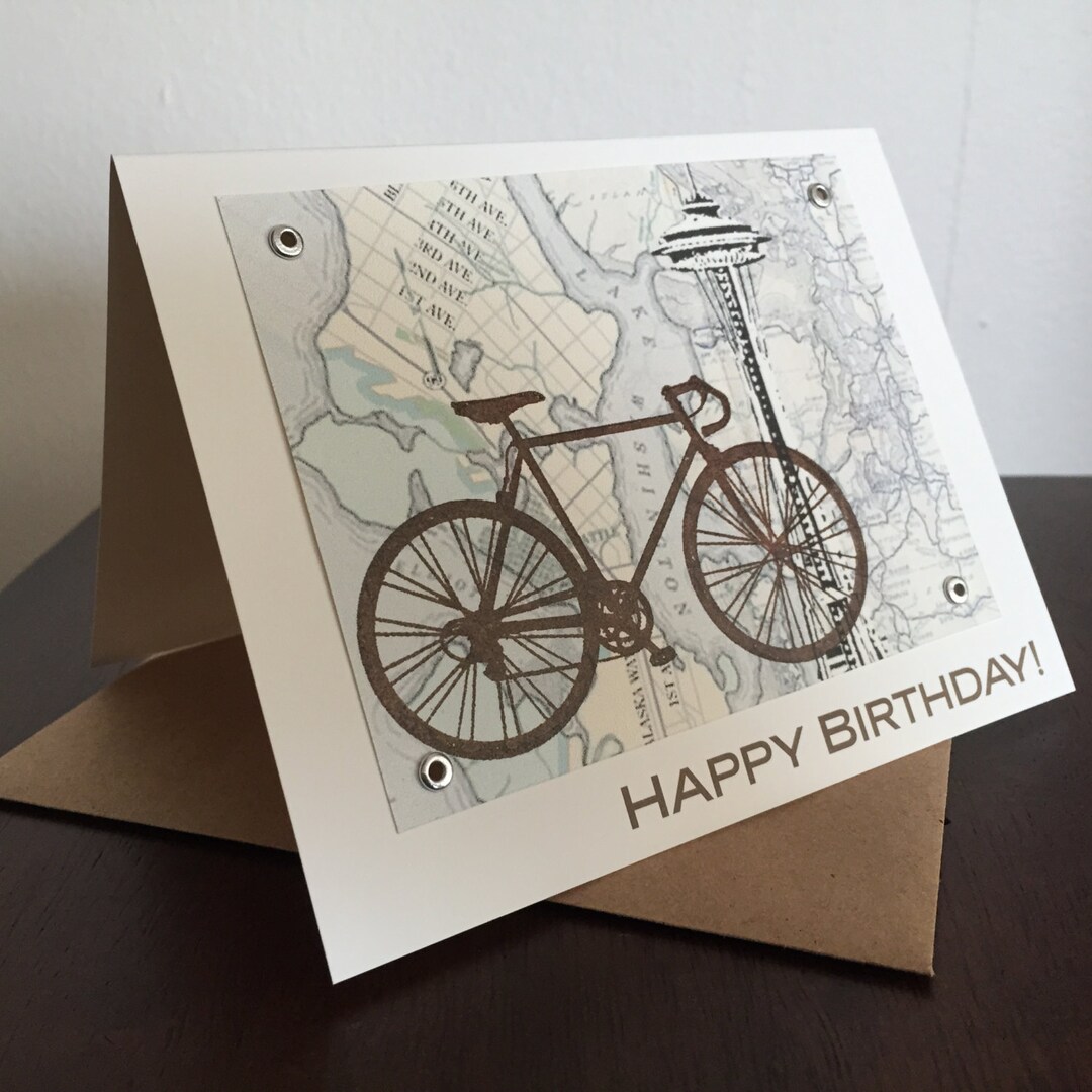 Seattle Map and Bike Birthday Card Gocco Screen-printed Card - Etsy