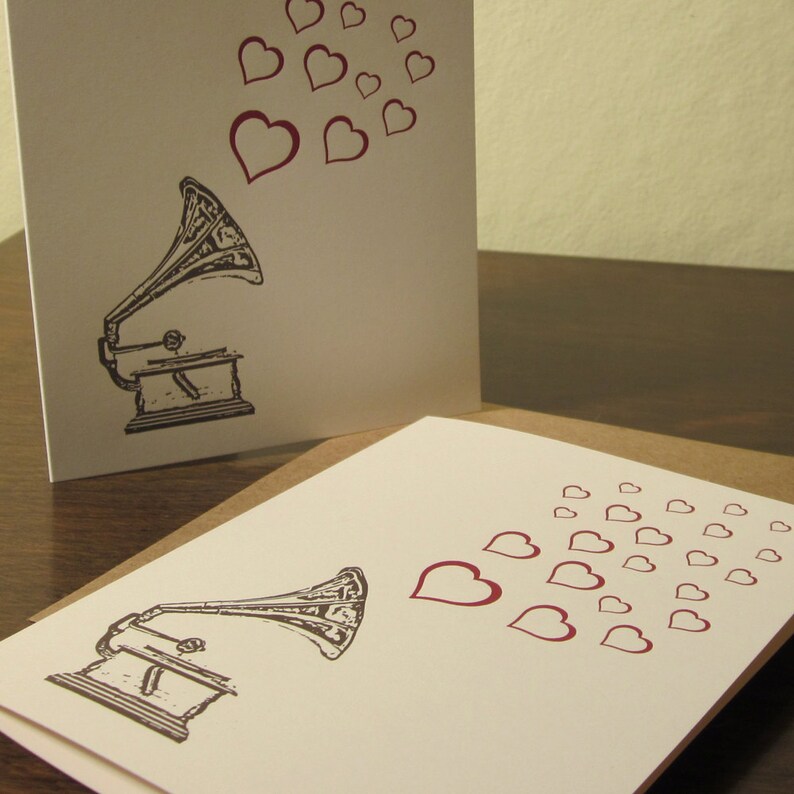 Record Player and Hearts 6-pack Letterpress Cards - Etsy