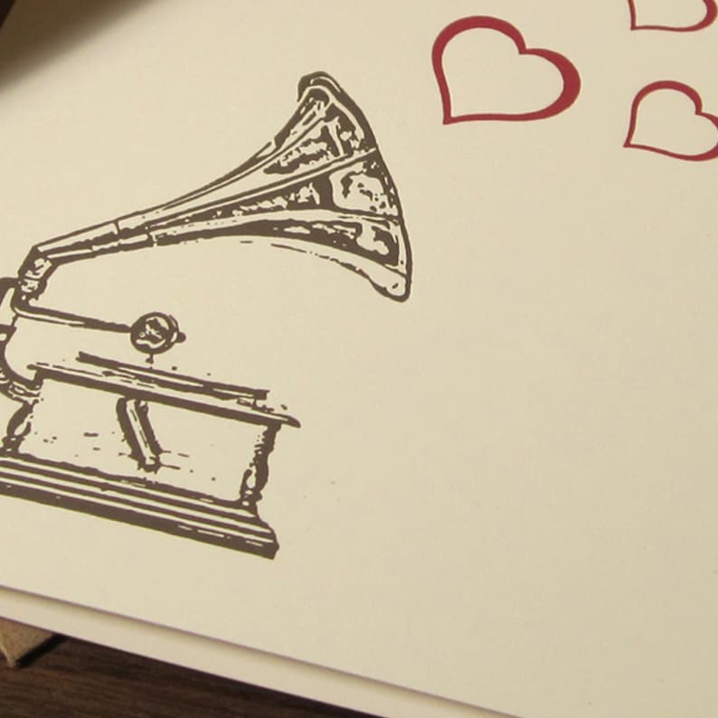 Record Player and Hearts - Letterpress Card - Etsy