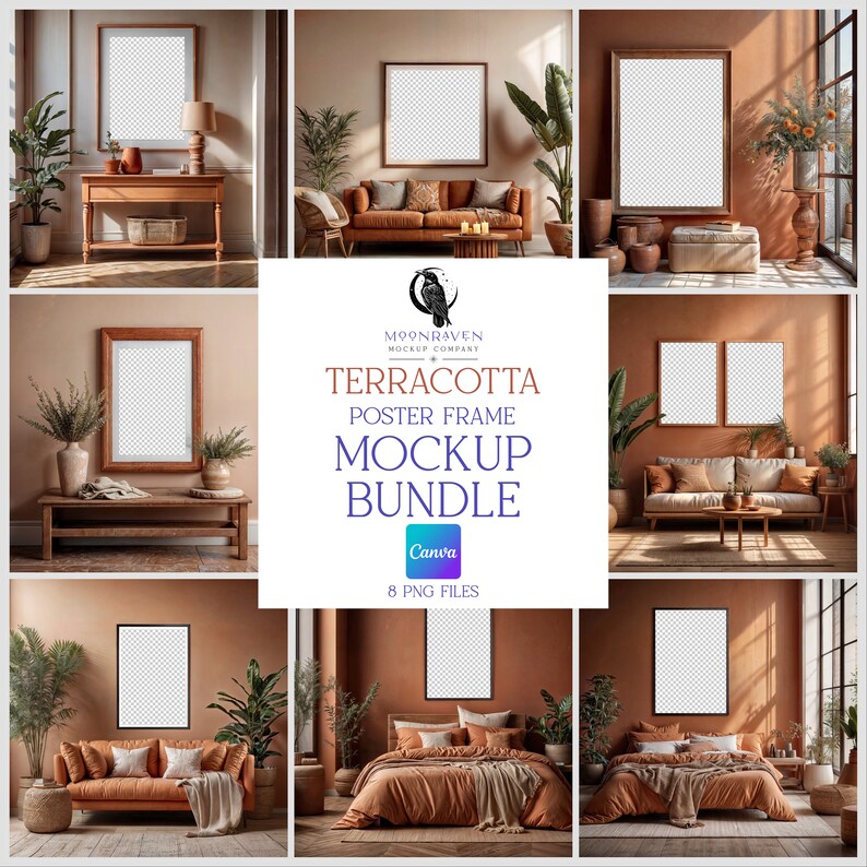 Terracotta Poster Frame Mockup Bundle, 8 PNG Files, Canva or Photoshop ...