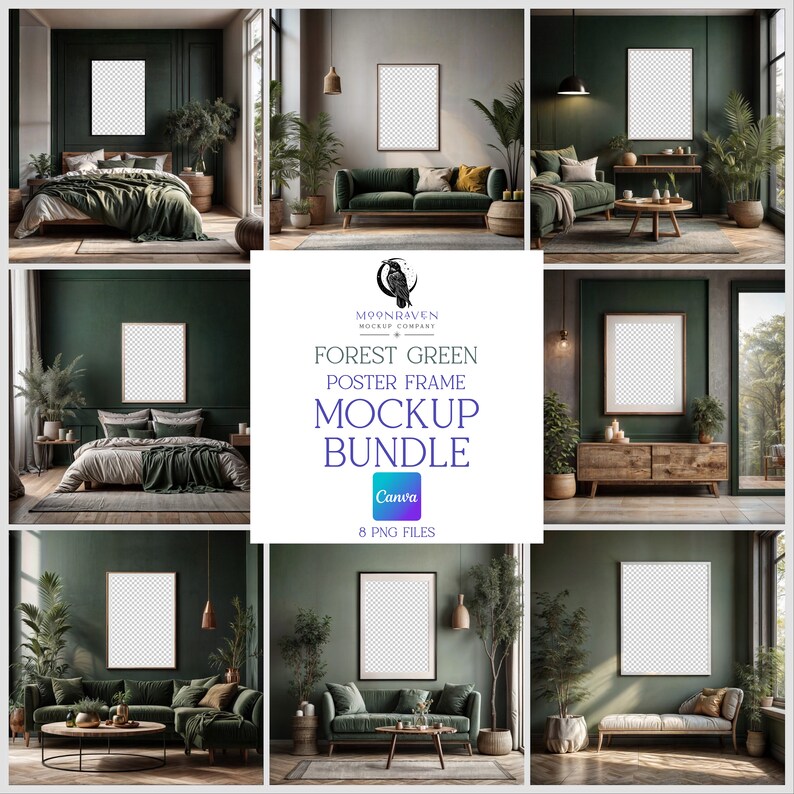 Forest Green Poster Frame Mockup Bundle, 8 PNG Files, Canva or ...