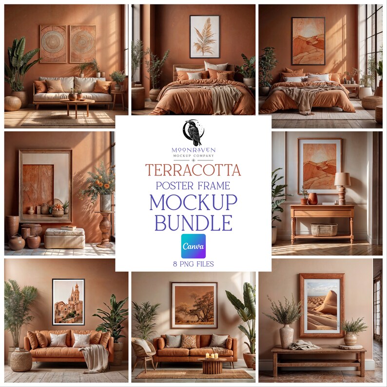 Terracotta Poster Frame Mockup Bundle, 8 PNG Files, Canva or Photoshop ...