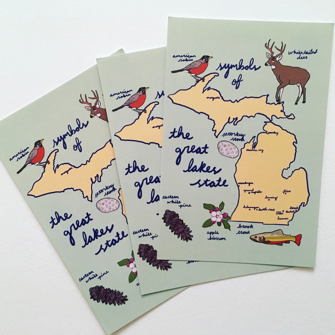 Michigan Postcard Set 3 State Symbols Souvenir Great Lakes Postcards - Etsy