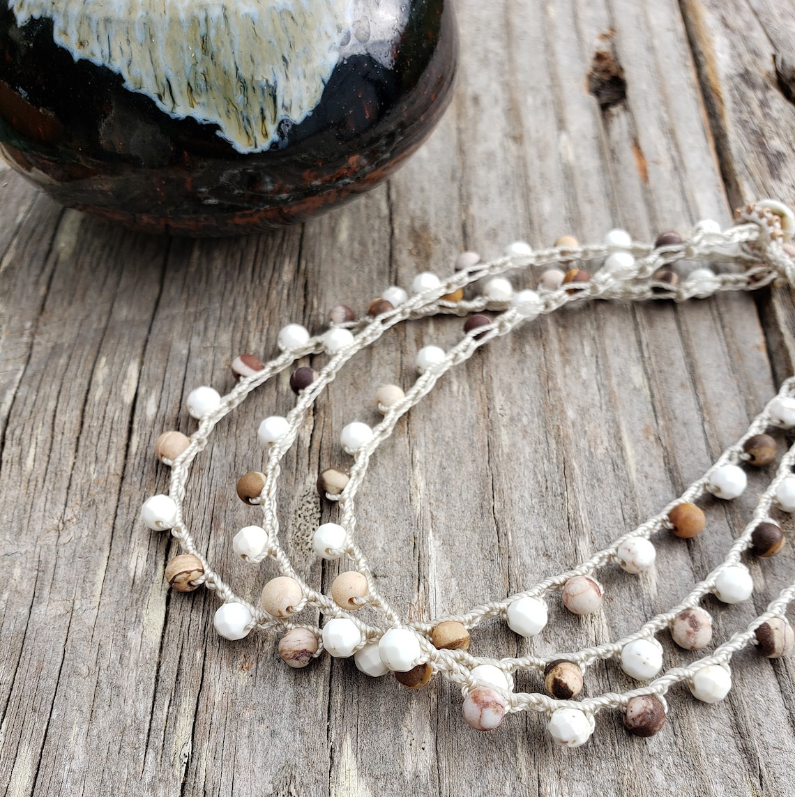 Boho Beaded Crochet Anklet, Neutral Beach Hippie Jewelry, Made in ...