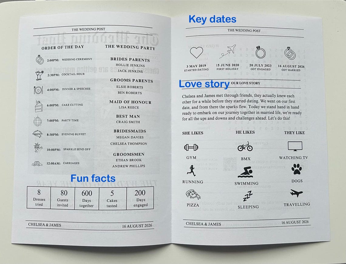 Wedding Newspaper Printed, A5, Wedding Program, Wedding Timeline, Order ...
