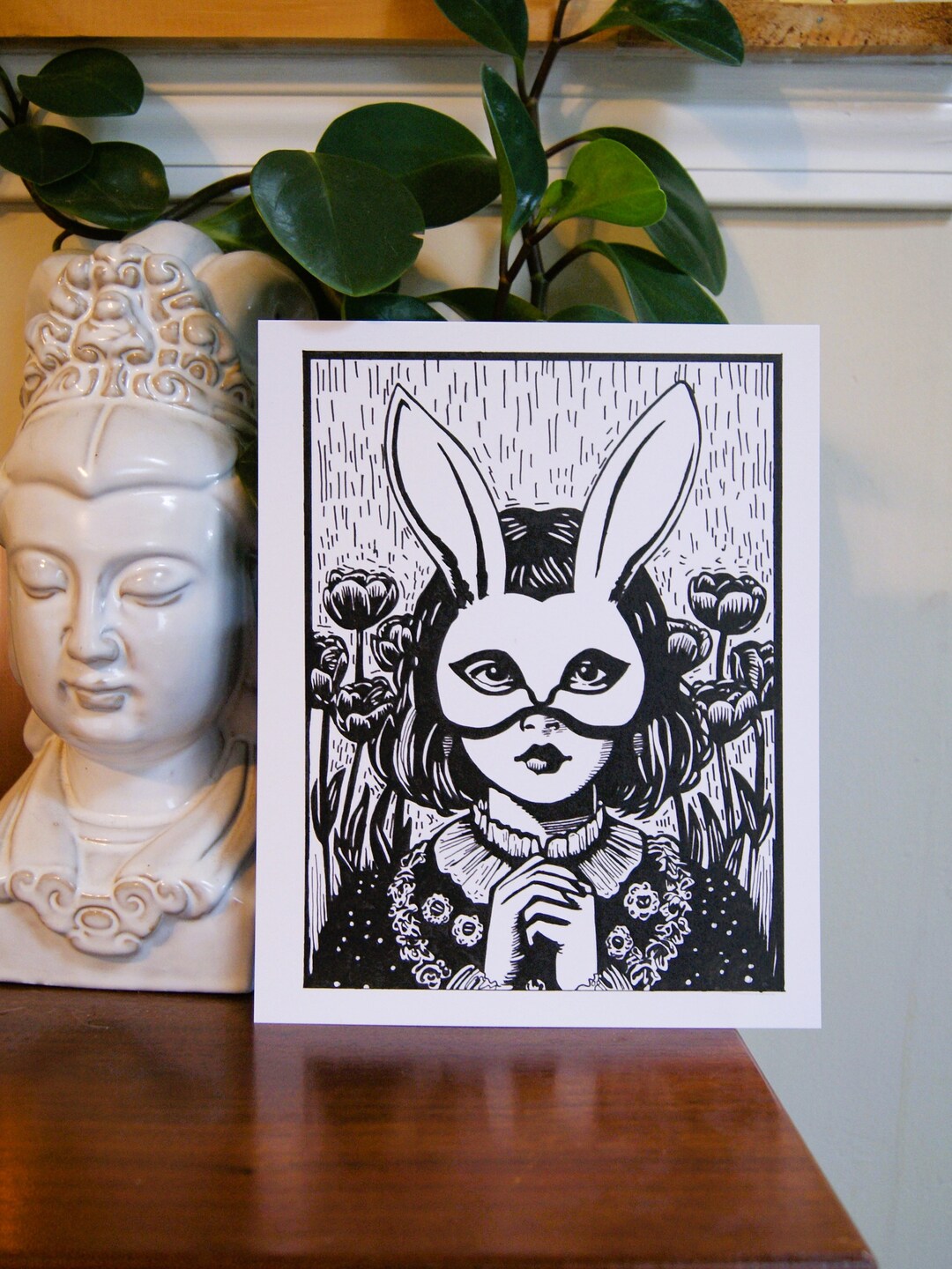 Rabbit Mask Girl Illustration Art Print - Etsy
