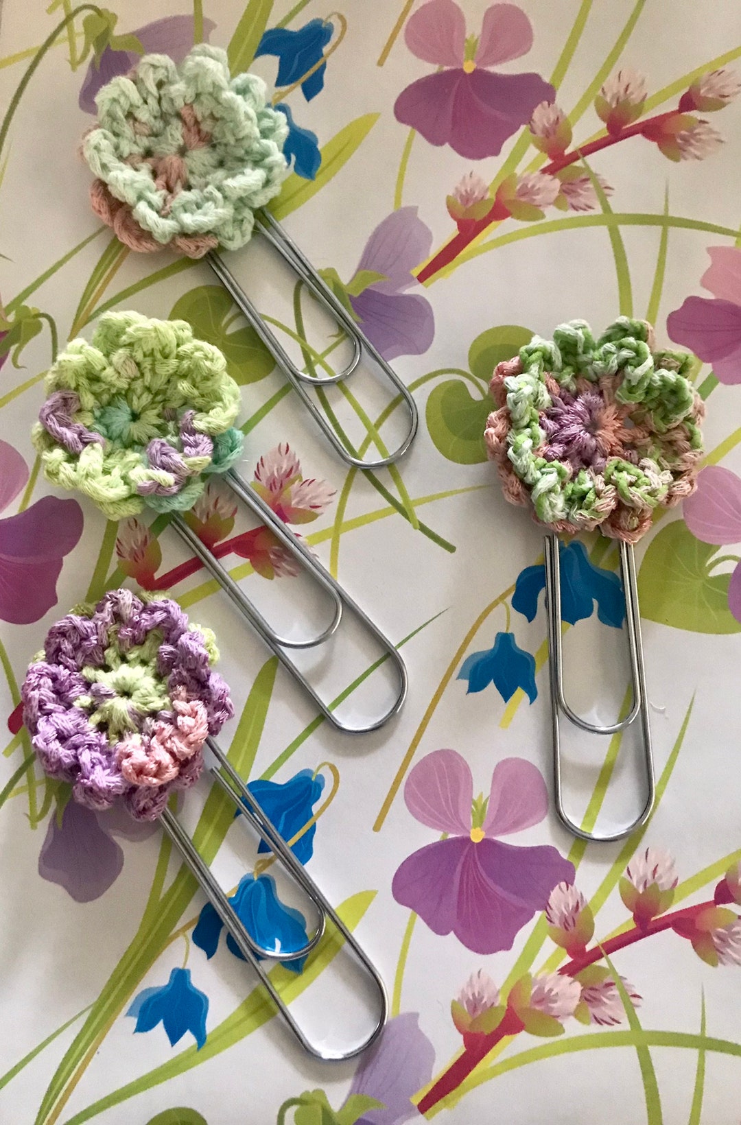 Set of 4 Large Embellished Paper Clips With Hand Crocheted Flowers - Etsy