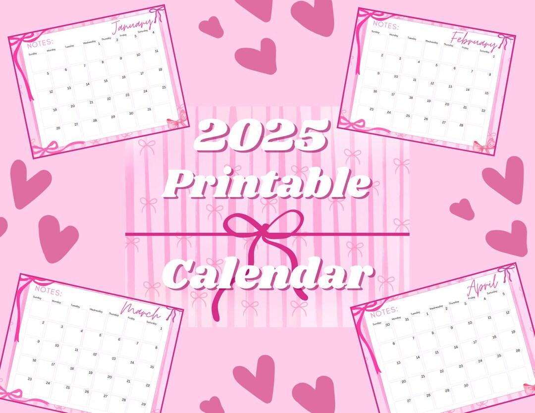 2025 Calendar, New Year Calendar, Cute Bow Calendar, Pink Bow's, Pink ...