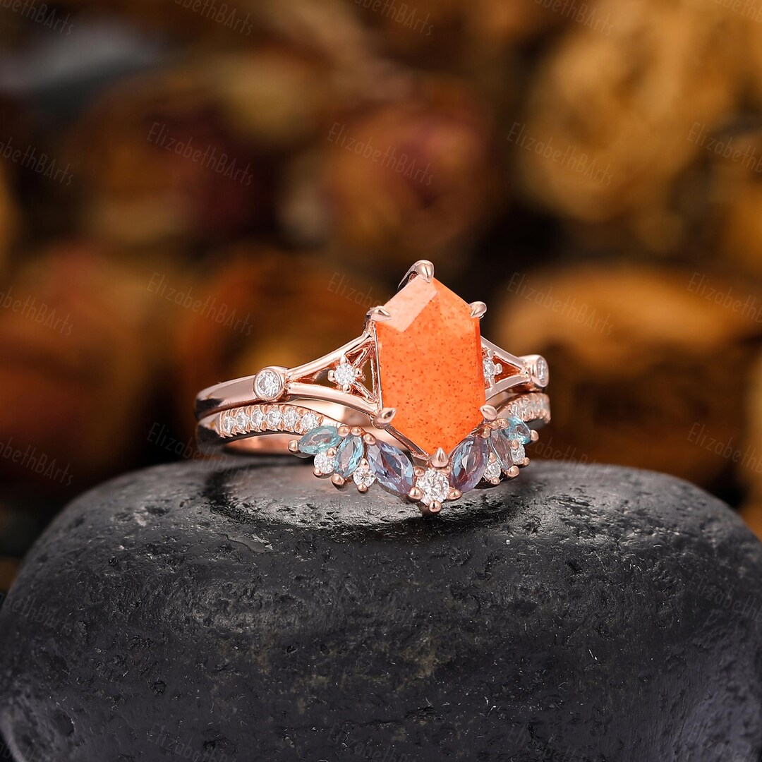 Vintage Hexagon Cut Natural Sunshine Stone Engagement Ring Set, Unique ...