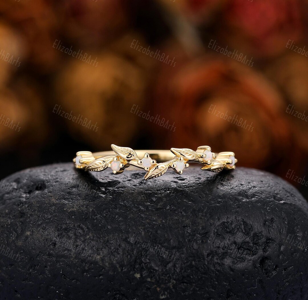 Lab Opal Leaf Wedding Band Women, Unique Wedding Ring Vine Stacking Matching Ring, Yellow Gold ...