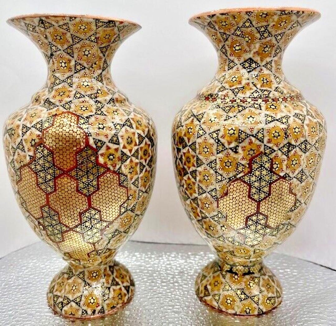 Persian Khatam Kari Vases Mosaic Pattern Inlaid Over Copper 6" Set of 2 ...