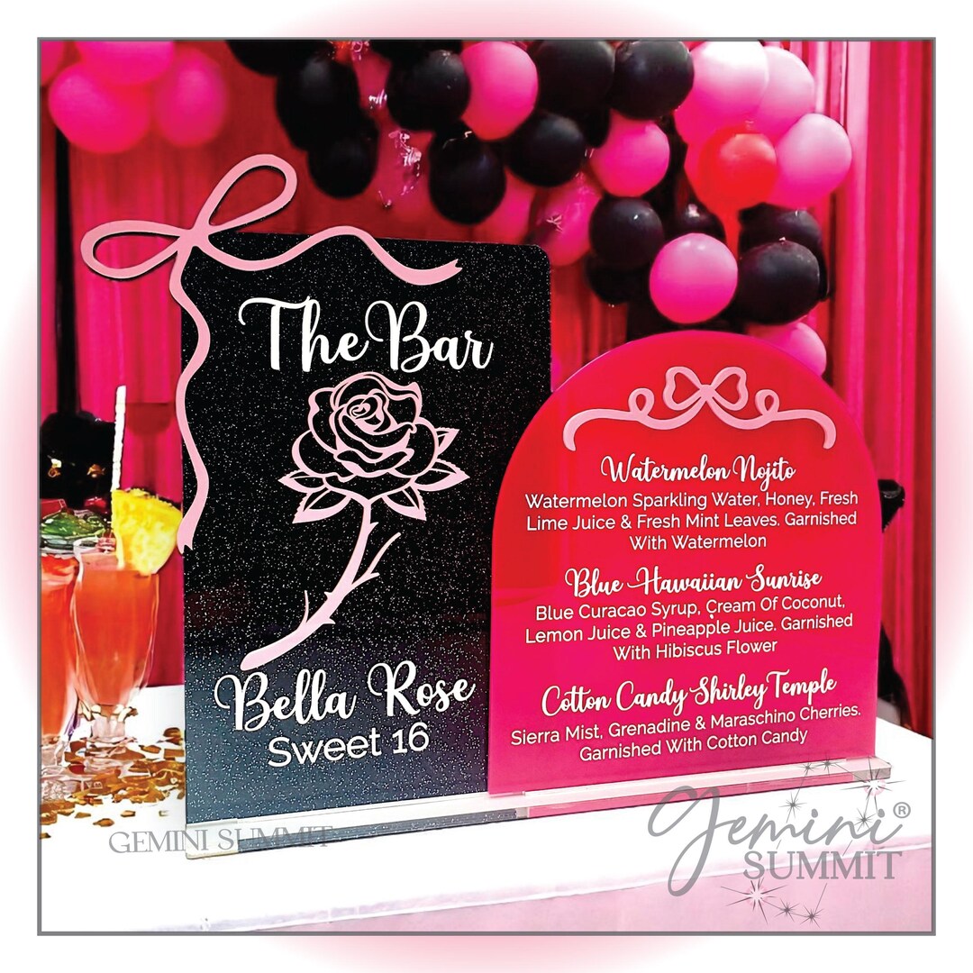 Bows & Roses Bar Menu, Signature Drinks, Sweet 16 Cocktail Menu, Floral ...