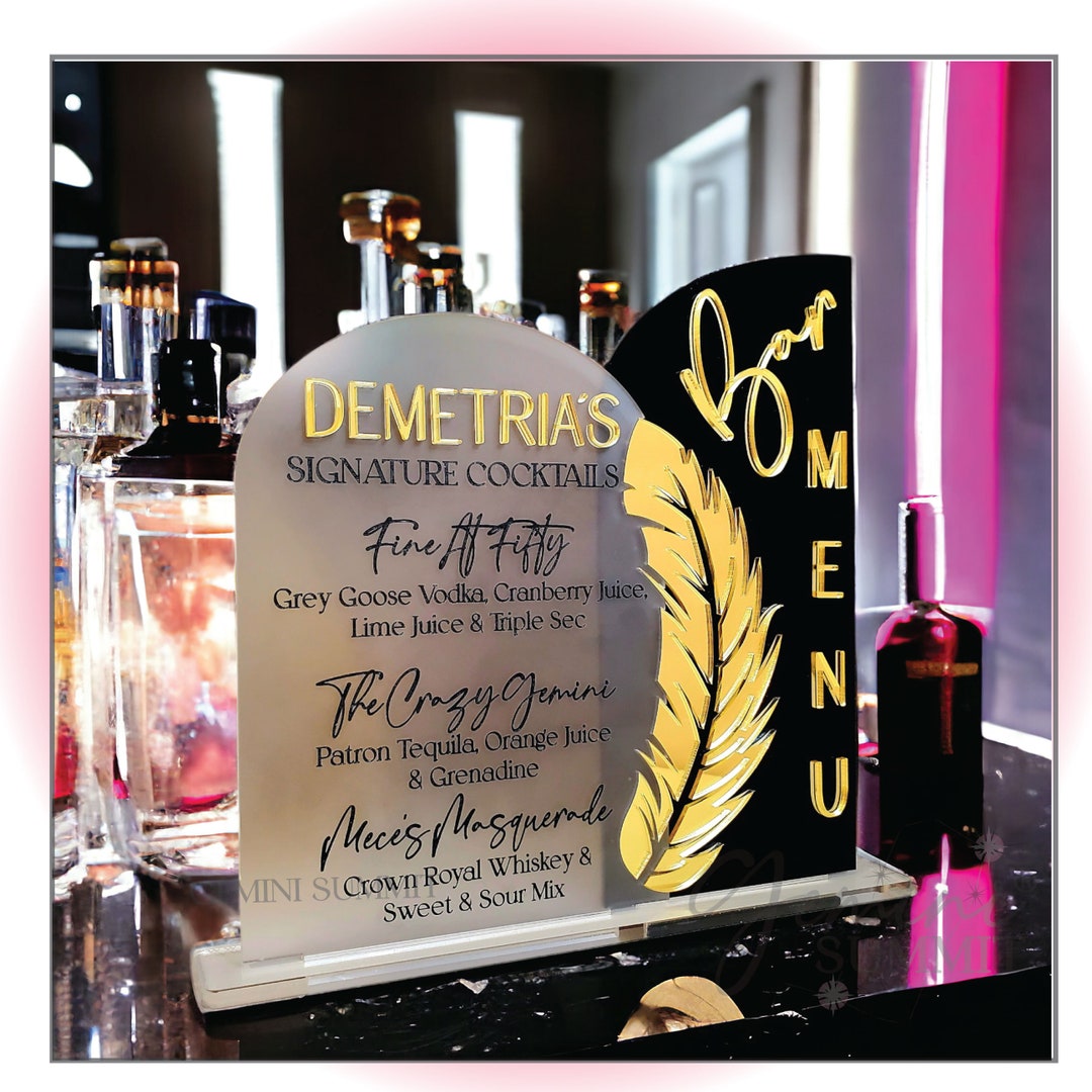 Feather Bar Menu, Roaring 20's Party, Custom Acrylic Wedding Bar Sign ...