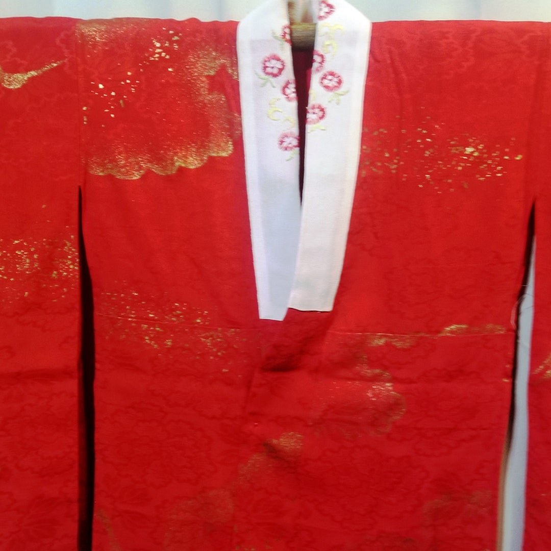 Vintage Japanese Girl's Kimono Robe Red Juban Underkimono - Golden ...