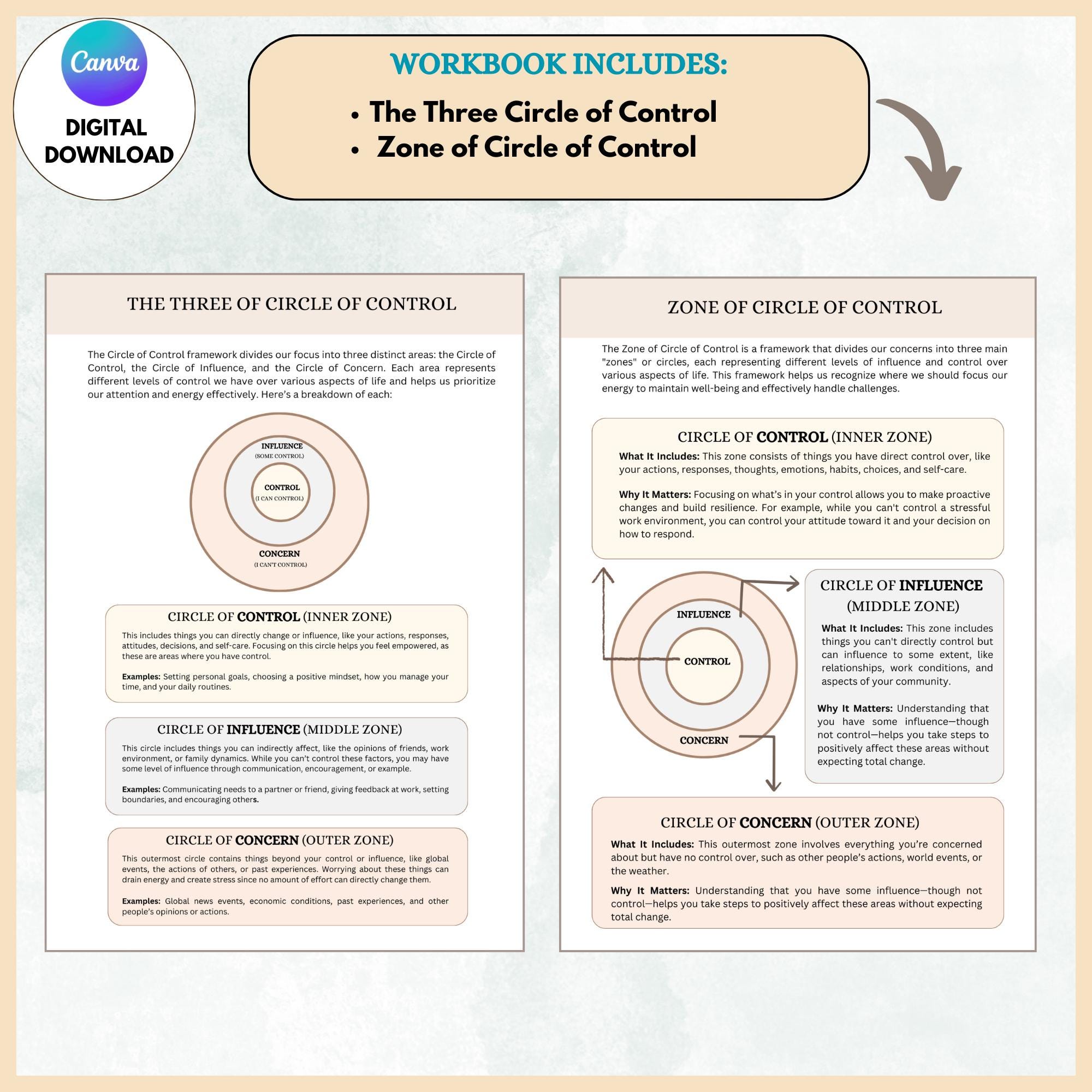 Circle of Control Workbook, Therapy Worksheets, Things I Can Control ...