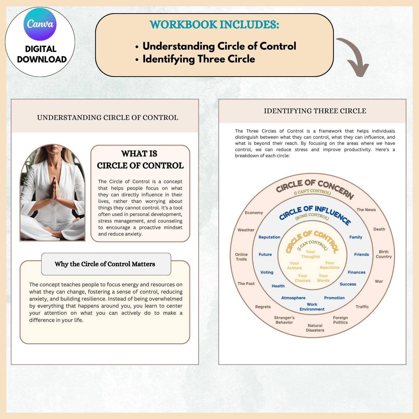 Circle of Control Workbook, Therapy Worksheets, Things I Can Control, Worry Worksheets, Therapy ...