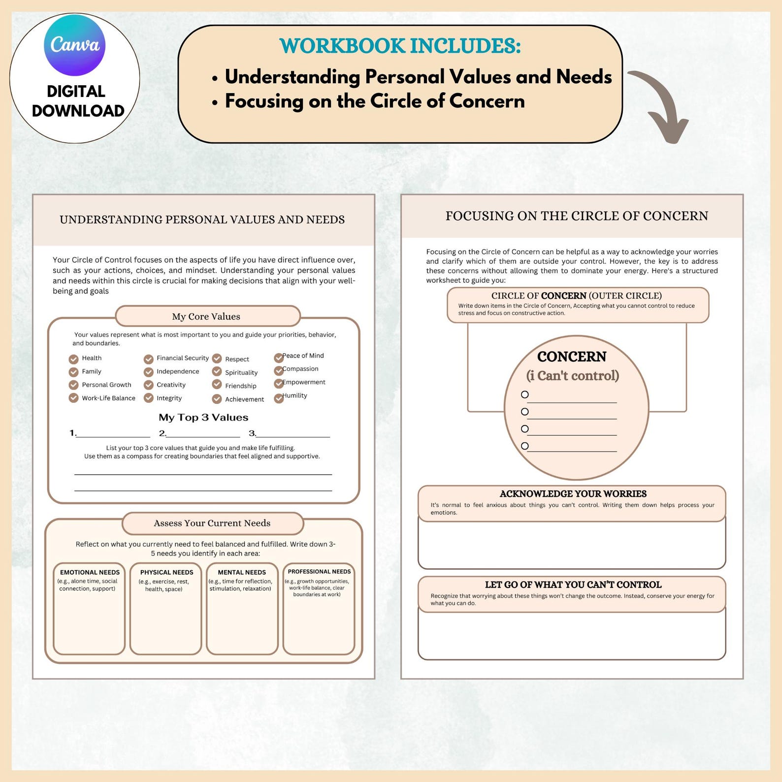 Circle of Control Workbook, Therapy Worksheets, Things I Can Control ...