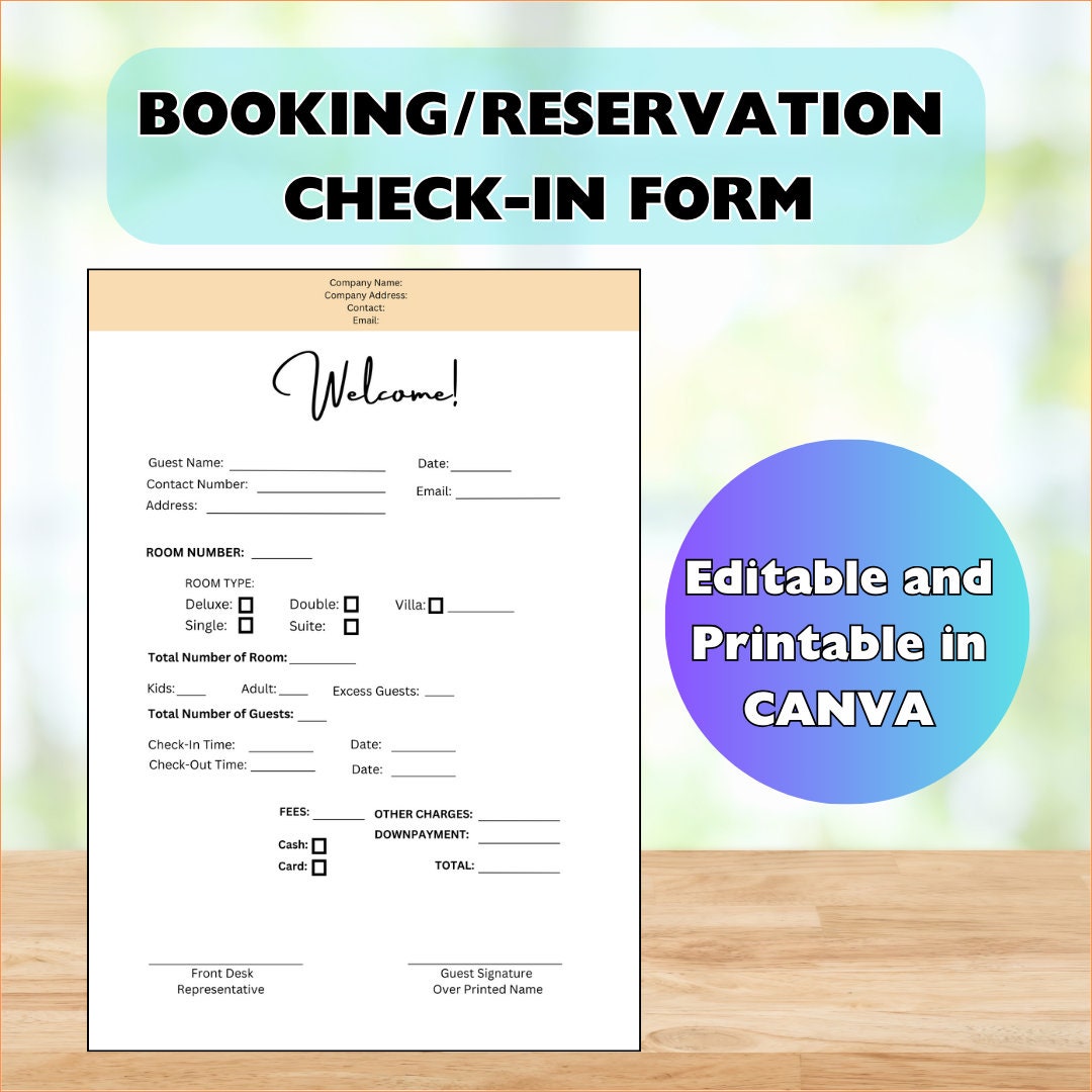 Hotel Check-in Form Template: Airbnb, Resort Guest Sign-up (CANVA ...
