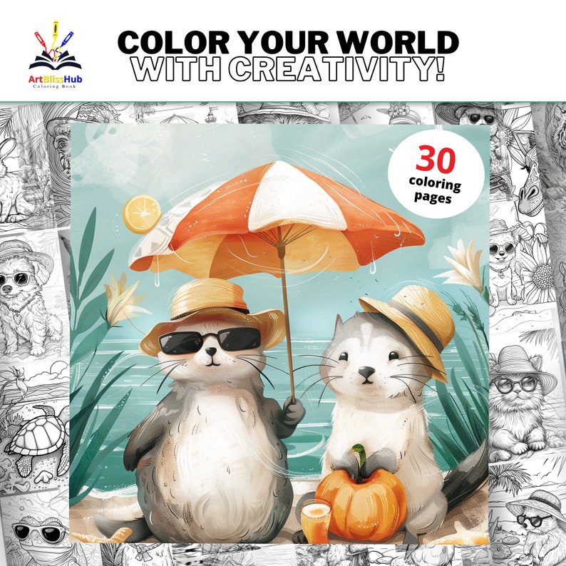 30 Summer Animals Coloring Book, Cute Summer Beach Animal Coloring Page ...