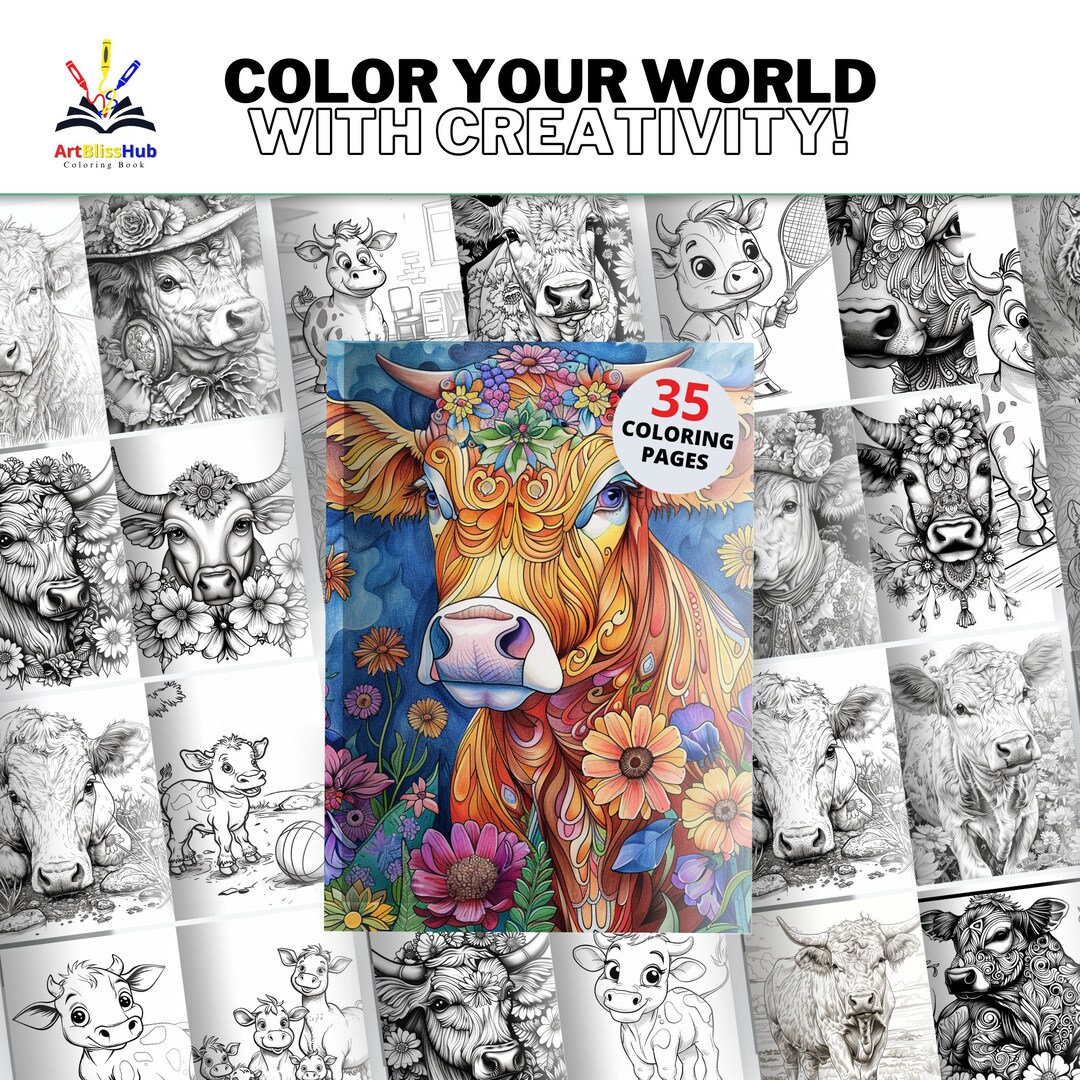 Cow Coloring Pages, Greyscale Adult & Kids Stress Relief – 35 Printable ...