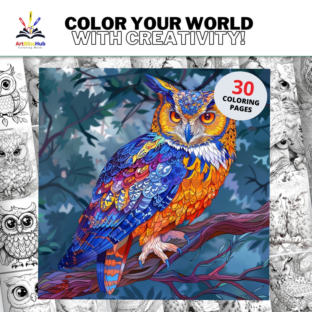 Owl Coloring Pages for Adults and Kids – 30 Grayscale Animal Art ...