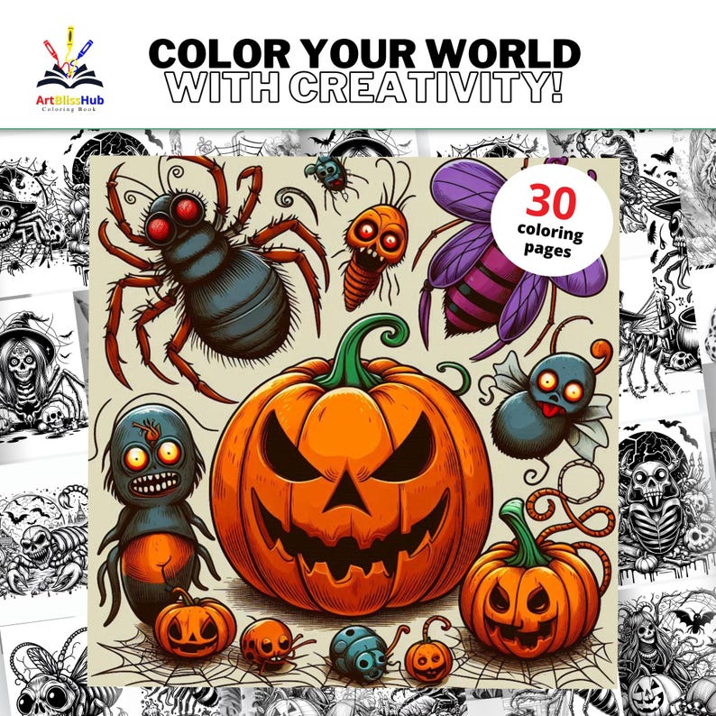 30 Halloween Scary Insects Coloring Pages Grayscale Printable Art ...