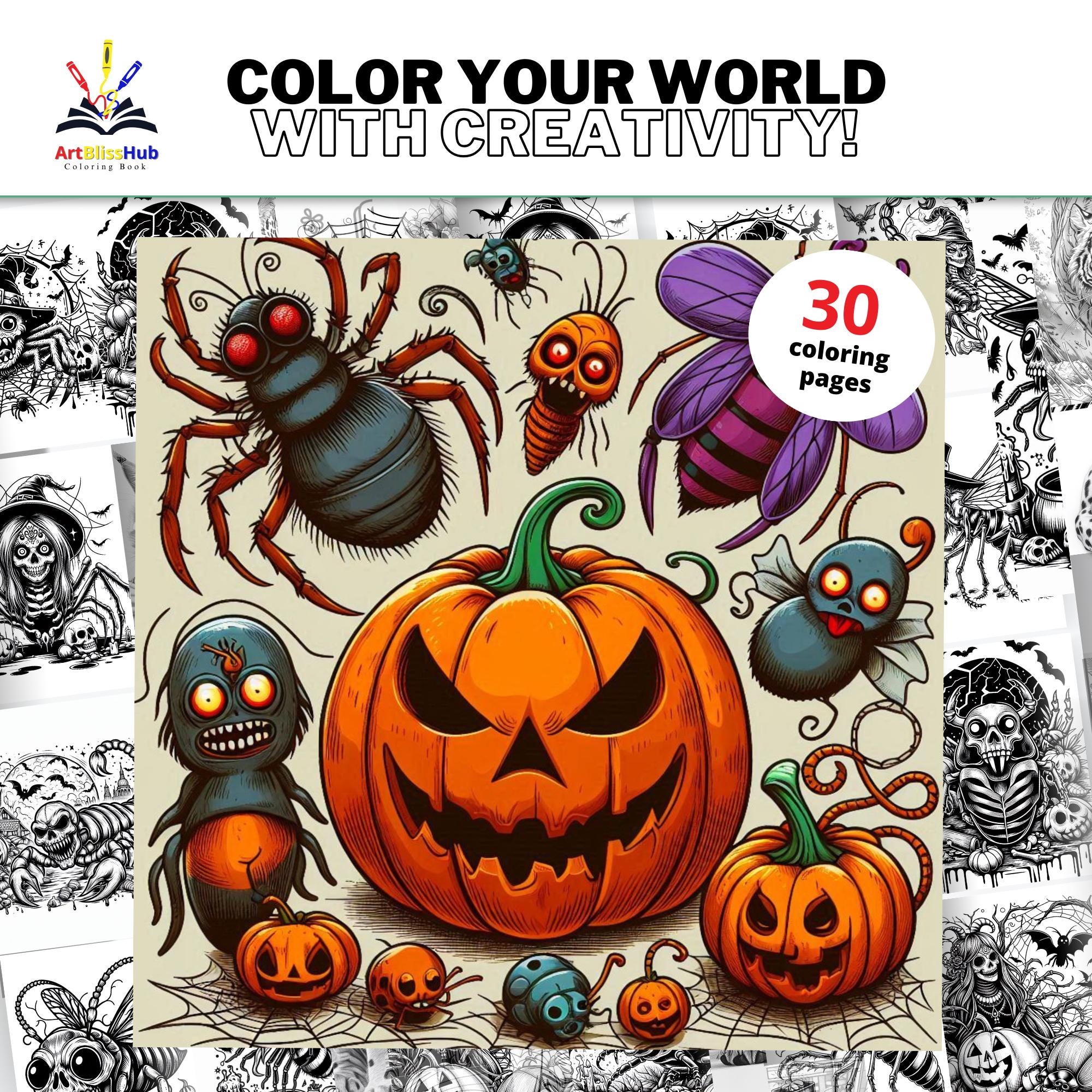 30 Halloween Scary Insects Coloring Pages Grayscale Printable Art ...
