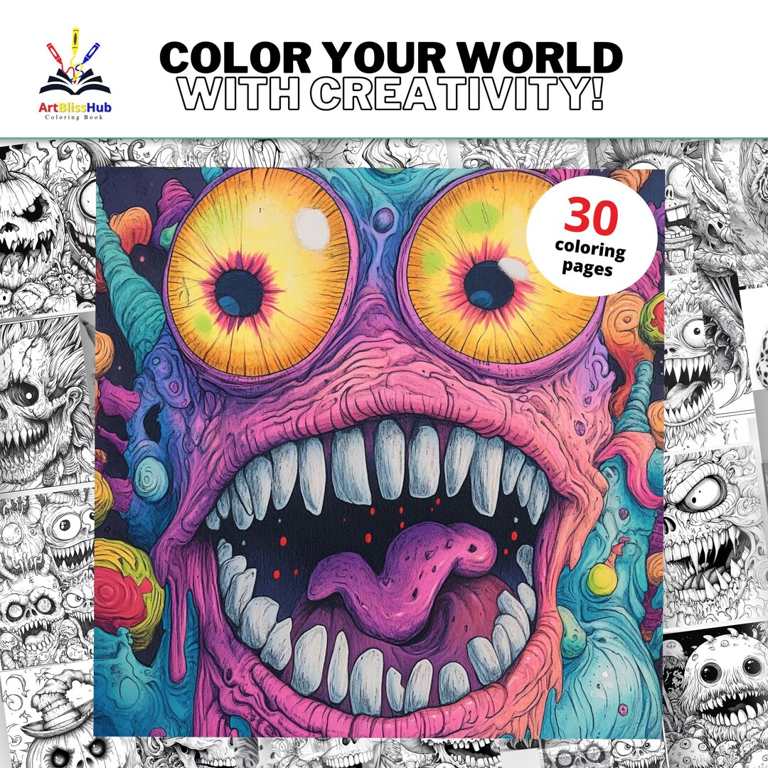 30 Halloween Monster Mash Coloring Pages, Halloween Art, Grayscale ...