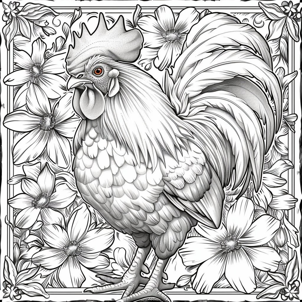 Rooster Coloring Pages for Adults and Kids 30 Grayscale Animal Art ...