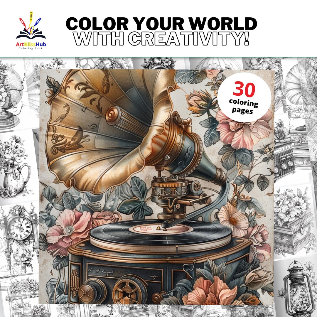 Vintage Flower Objects Coloring Book for Adults - Grayscale Pages ...