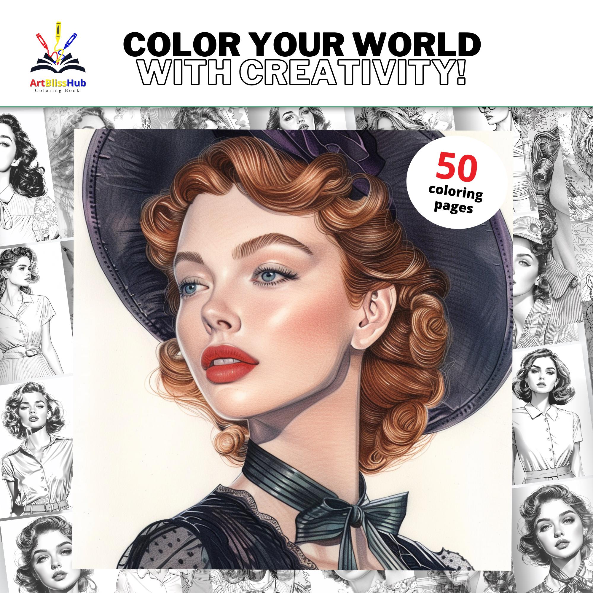 1950s Women Coloring Pages Elegant Grayscale Art Instant Download ...