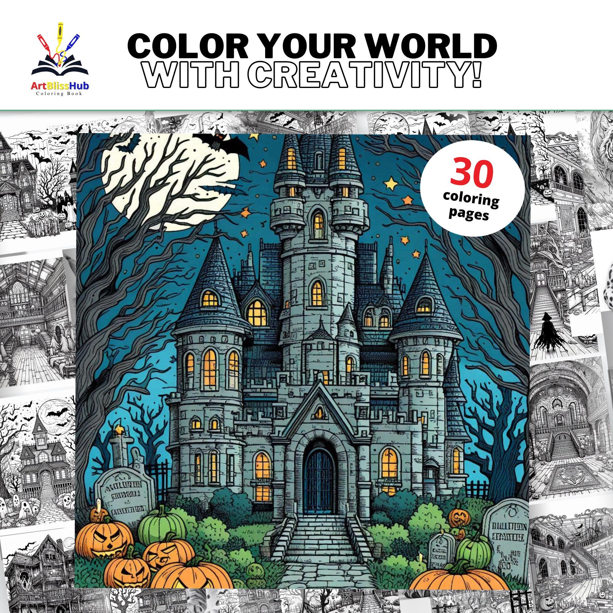 30 Halloween Haunted House Coloring Pages, Halloween Art, Scary Haunted ...