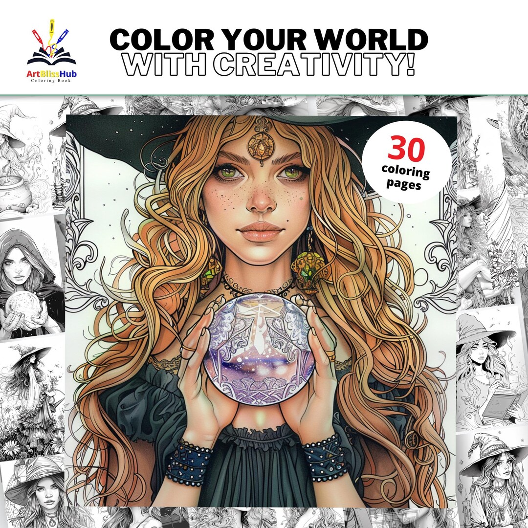Fantasy Witchy Coloring Pages: 30 Magical Printable Grayscale Designs ...