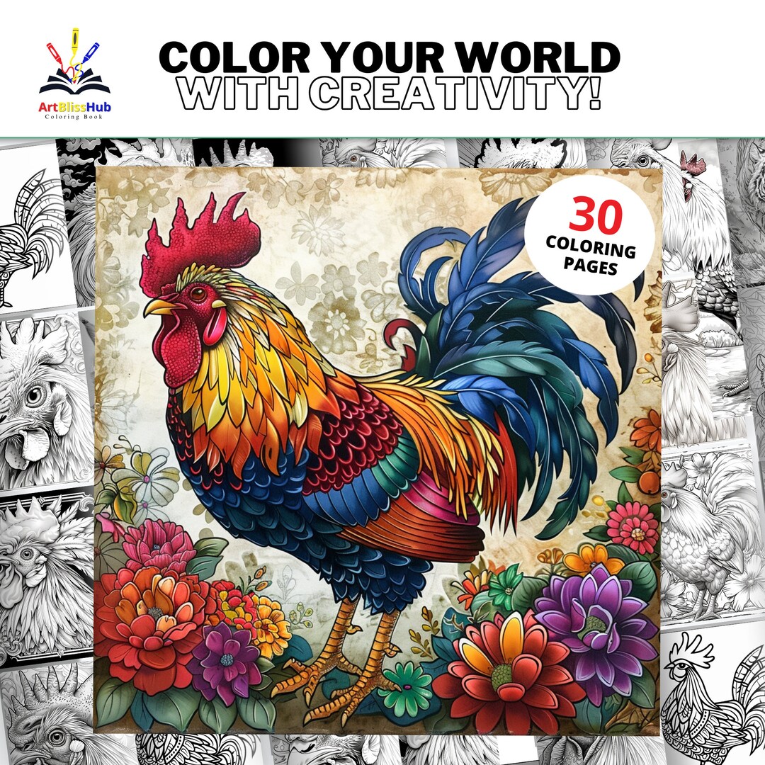 Rooster Coloring Pages for Adults and Kids – 30 Grayscale Animal Art ...