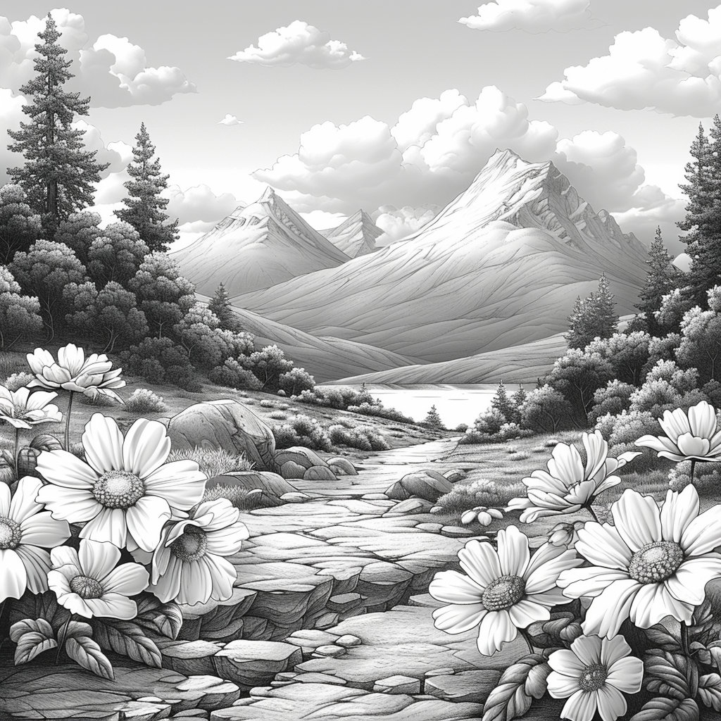 Landscape Coloring Sheet Greyscale Realistic Mountain Coloring Page for ...