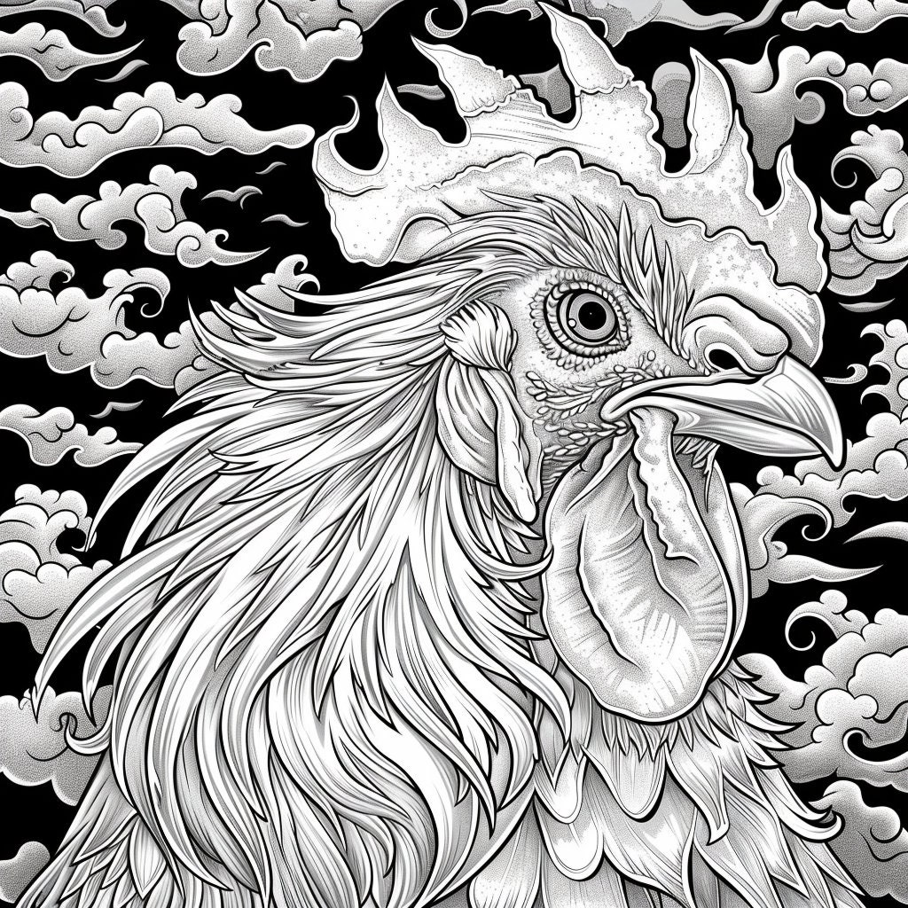 Rooster Coloring Pages for Adults and Kids 30 Grayscale Animal Art ...