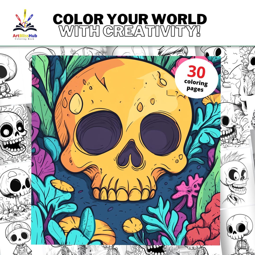 30 Blooming Skull Coloring Page, Cute Skull Drawing, Horror Coloring ...