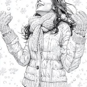 Winter Girls Coloring Pages, for Adult and Kids, Grayscale Printable ...