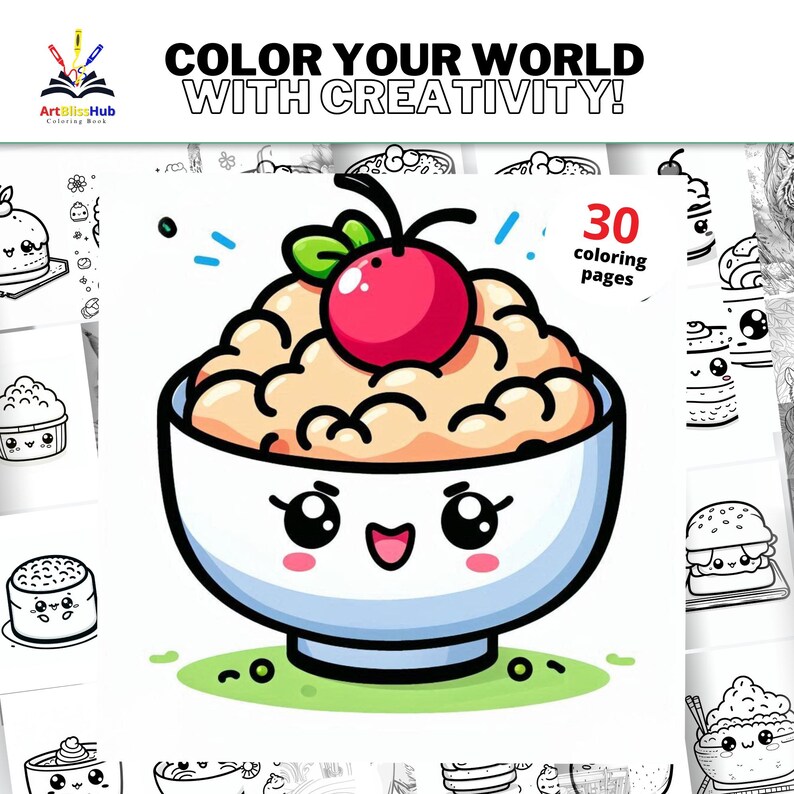 30 Kawaii Food Coloring Page Cute Food Drawing Book for Kids, Fun ...