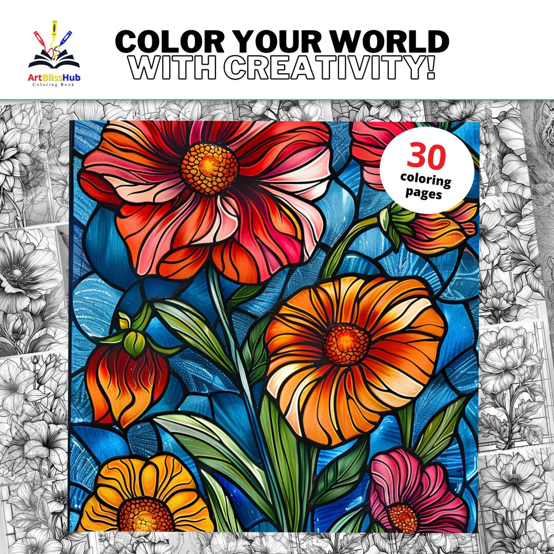 Flower Stained Glass Coloring Pages for Adults - Beautiful Flowers ...