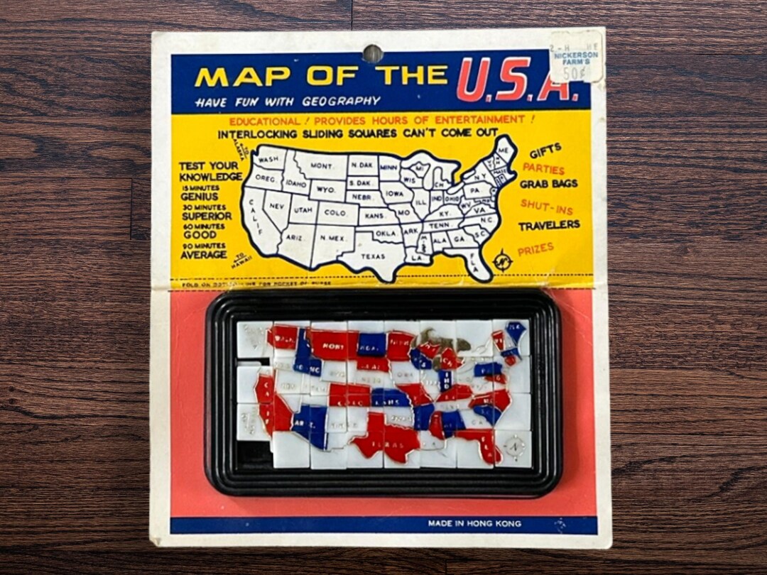 Vintage U.S.A. Map Sliding Puzzle 1960s Educational Geography Toy Road ...