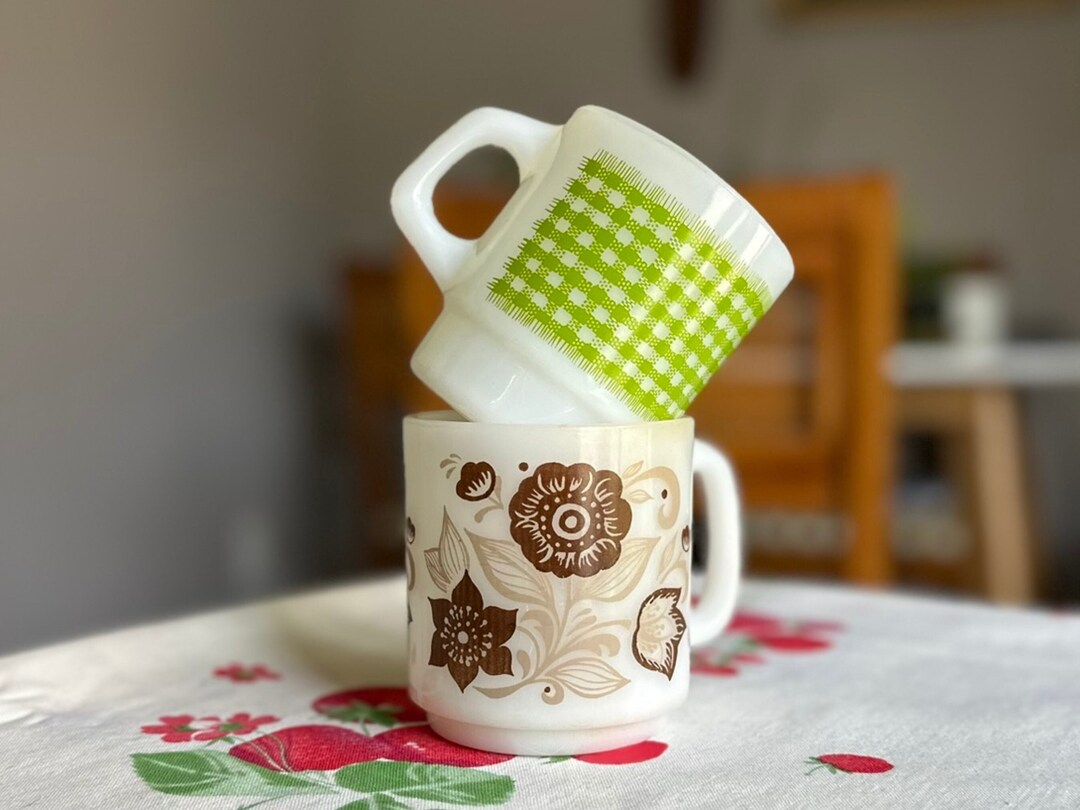 Vintage Glasbake Brown Floral Milk Glass Mug & Anchor Hocking Fire King ...