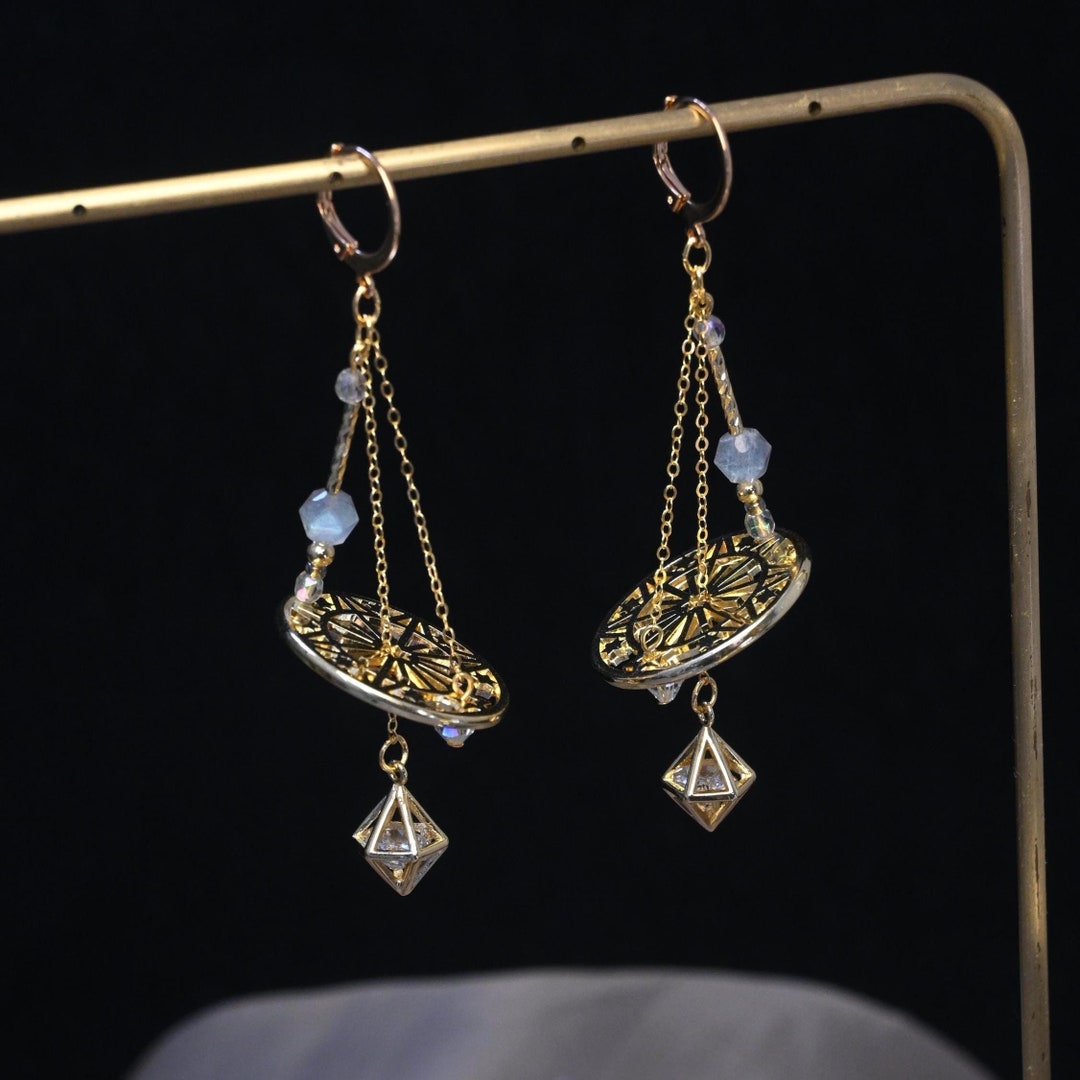 Libra Zodiac Earrings, Gold Celestial Dangle With Natural Stone ...