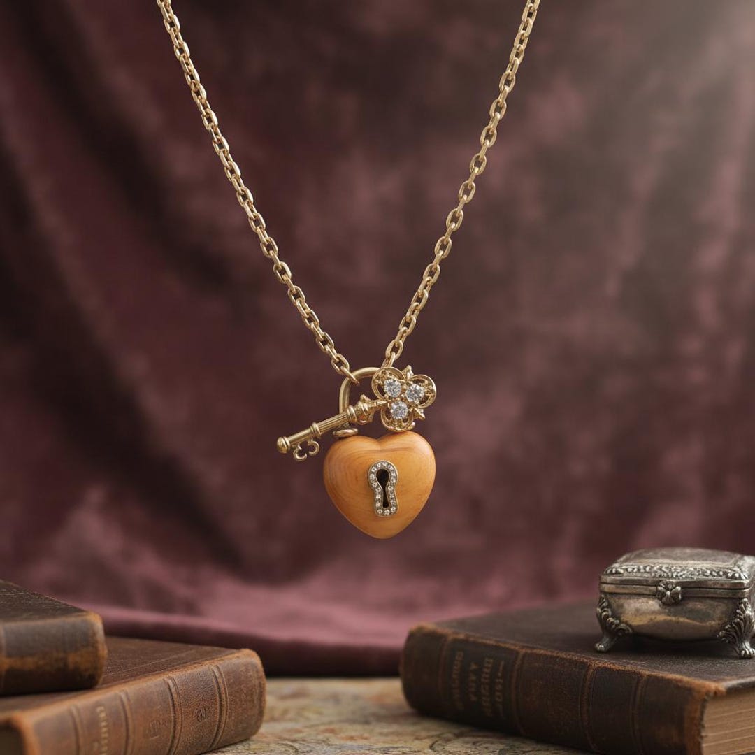Natural Wood Heart Lock Necklace, Vintage Key to My Heart, 5th ...