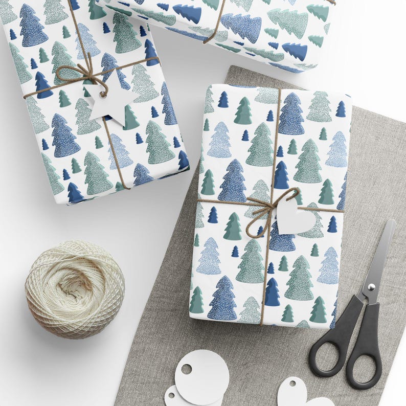 Blue & Green Christmas Tree Wrapping Paper Roll | Modern Holiday Gift ...