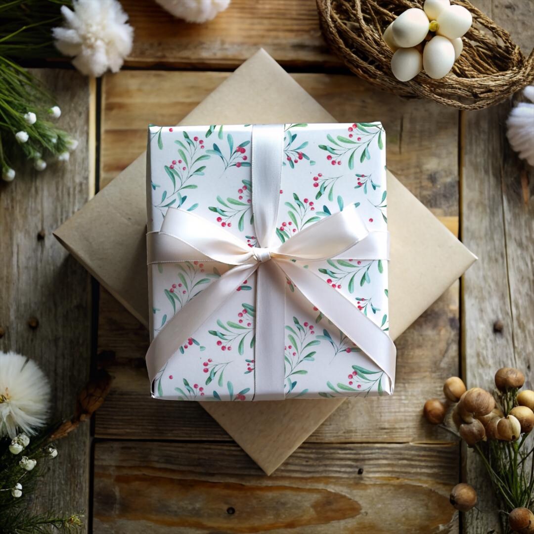 Mistletoe Wrapping Paper | Watercolor Red Berry Holiday Gift Wrap ...